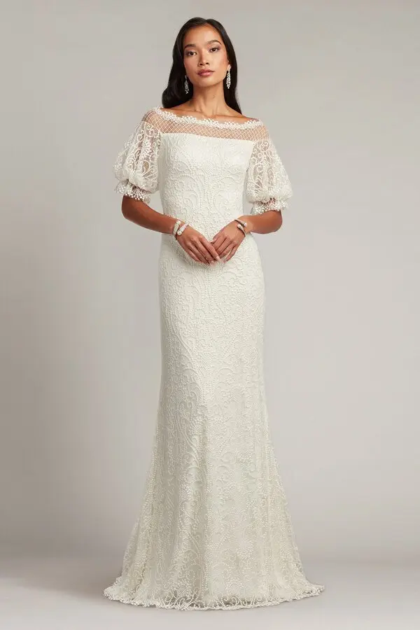 Tadashi Shoji Whelan Embroidered Puff-sleeve Gown - Ivory