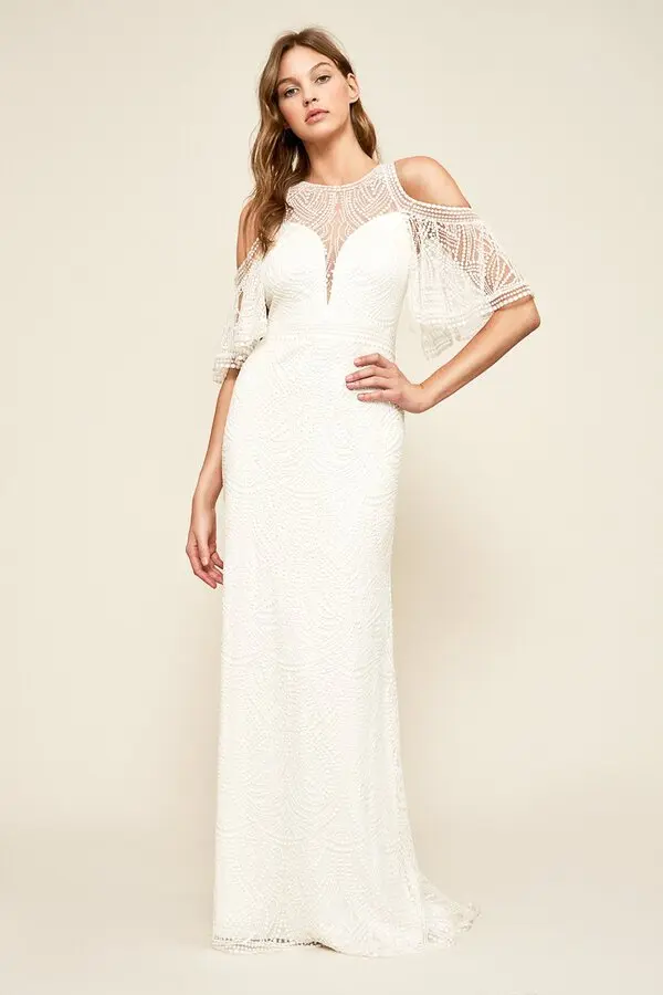 Tadashi Shoji Allover Embroidered Gown With Ruffled Sleeves - Ivory