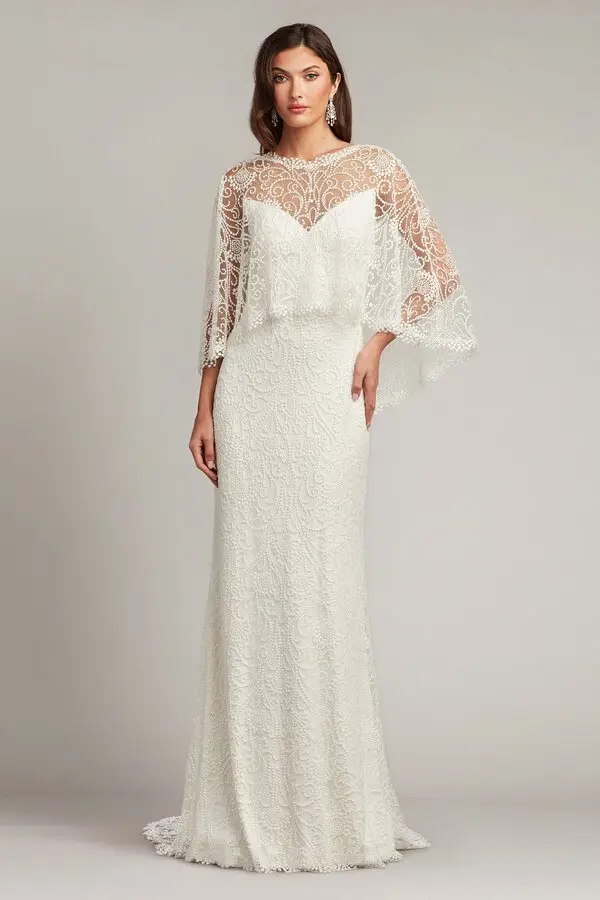 Tadashi Shoji Eagen Draped Overlay Embroidered Gown - Ivory
