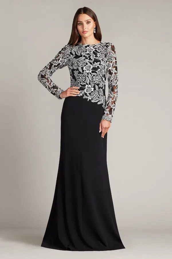 Tadashi Shoji Embroidered Tulle Gown - Ivory/black