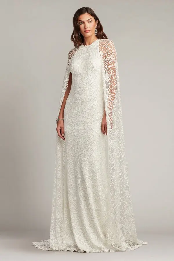 Tadashi Shoji Embroidered Lace Cape Gown - Ivory