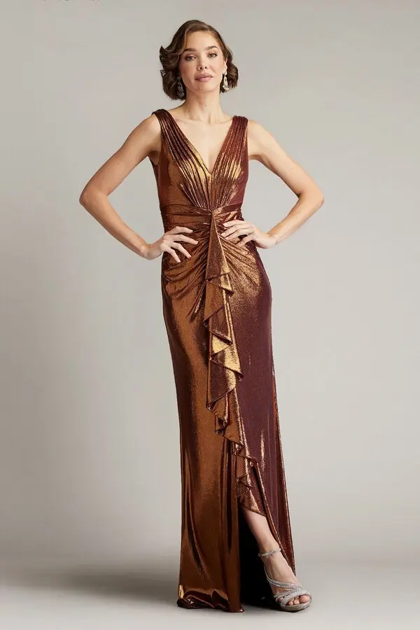 Tadashi Shoji Metallic Waterfall Gown - Copper
