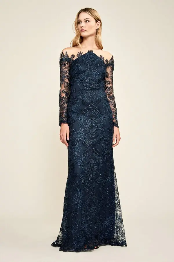 Tadashi Shoji Jocelynn Embroidered Gown - Navy