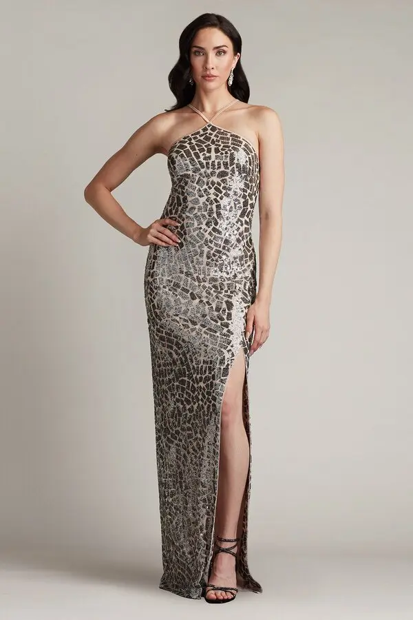 Tadashi Shoji Koda Animal Sequin Halter Gown - Platinum