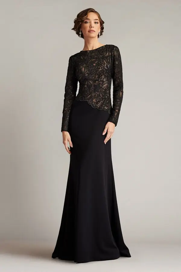 Tadashi Shoji Shika Embroidered Crepe Gown - Black/nude