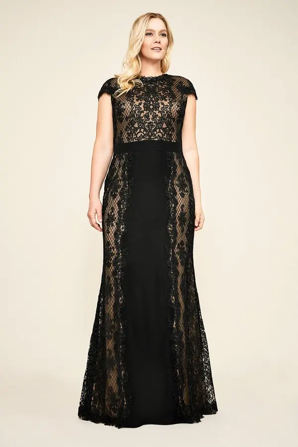 Tadashi Shoji Alexandra Embroidered Lace Gown Plus Size - Black/nude