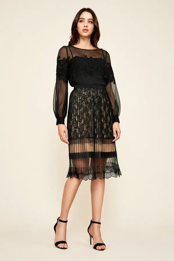 Tadashi Shoji Jaxon Pleated Lace Skirt - Black/nude