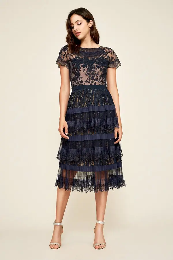 Tadashi Shoji Nixie Pleated Tea-length Dress - Black/nude