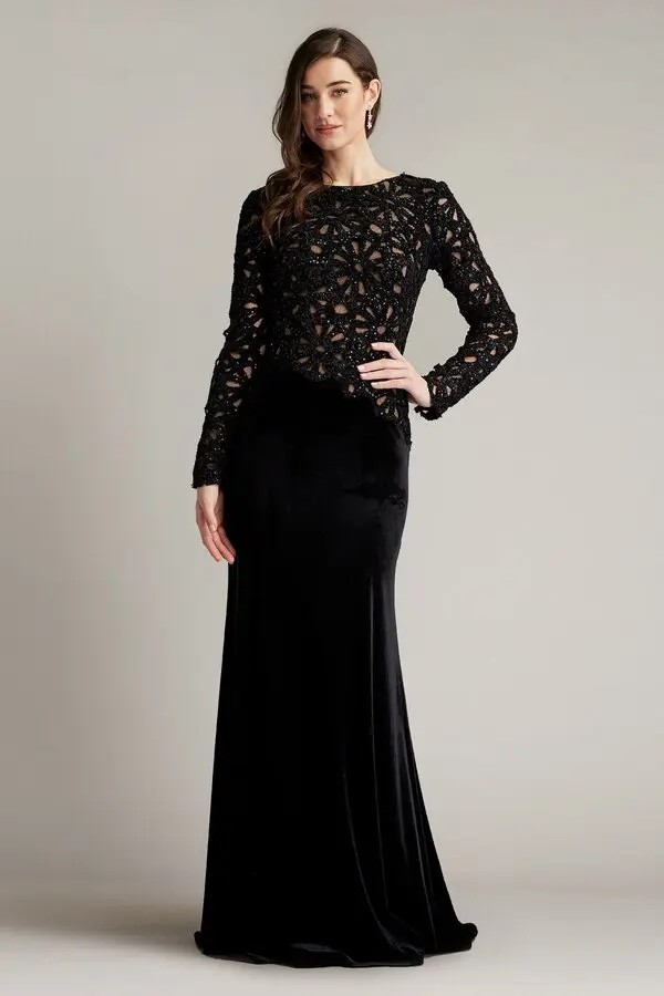 Tadashi Shoji Sinnott Chenille Embroidered Gown - Black/nude