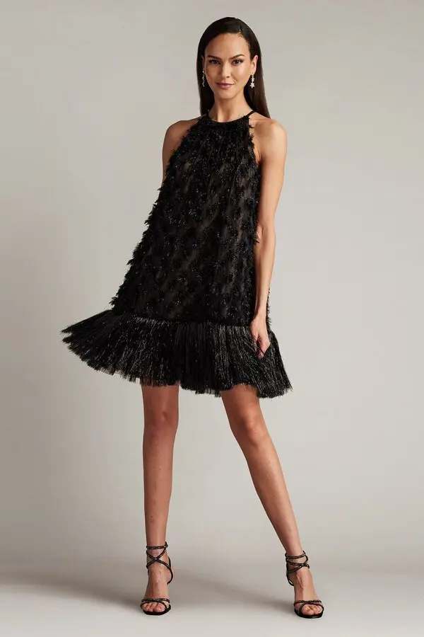 Tadashi Shoji Prima Sequin Tulle Trapeze Mini Dress - Black