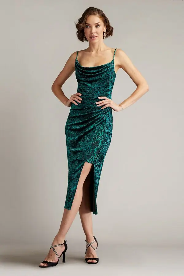Tadashi Shoji Juneau Spaghetti Strap Lace Midi Dress - Emerald/black