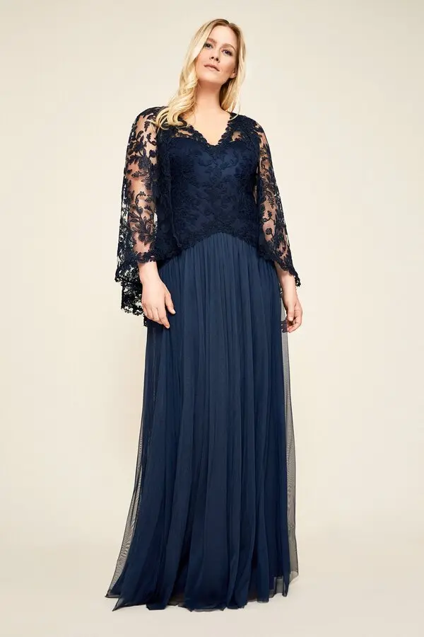 Tadashi Shoji Tulle Gown With Cord Embroidery - Navy