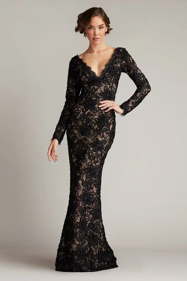 Tadashi Shoji Beloit Ribbon Embroidered Gown - Black/nude