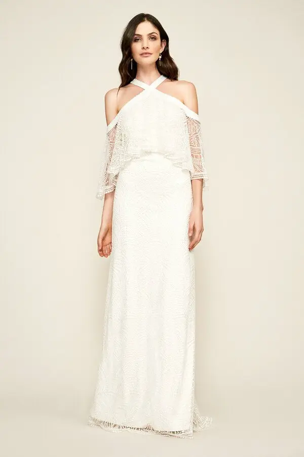 Tadashi Shoji Laboe Halter Neck Embroidered Gown - Ivory