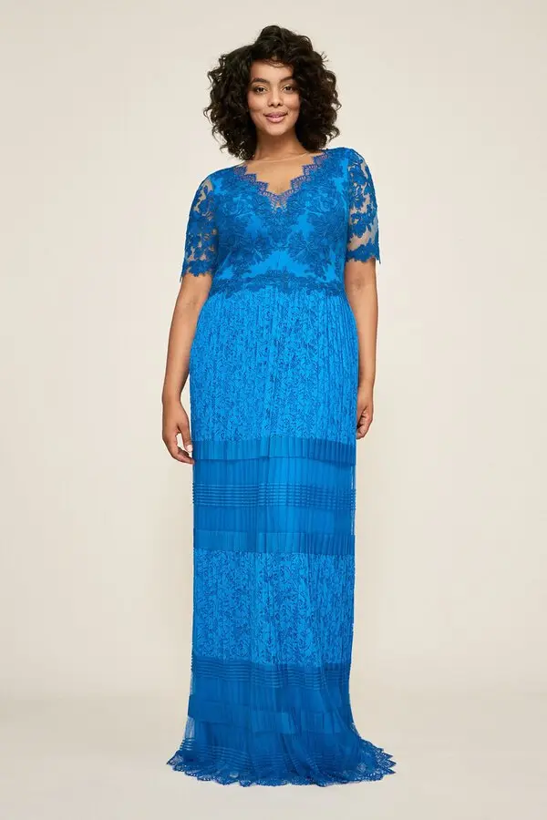 Tadashi Shoji Cira Pleated Lace Gown Plus Size - Azure