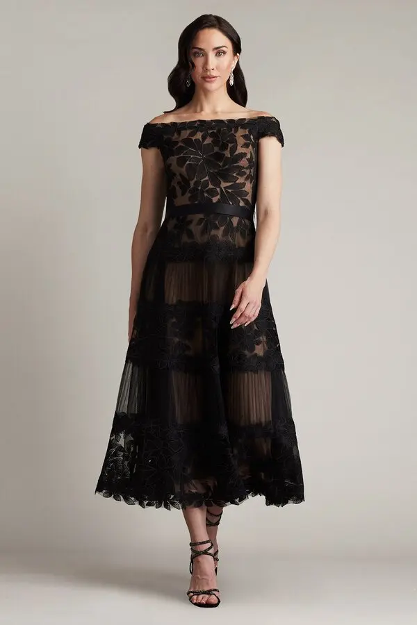 Tadashi Shoji Adriane Floral Embroidered Tea-length Dress - Black/nude