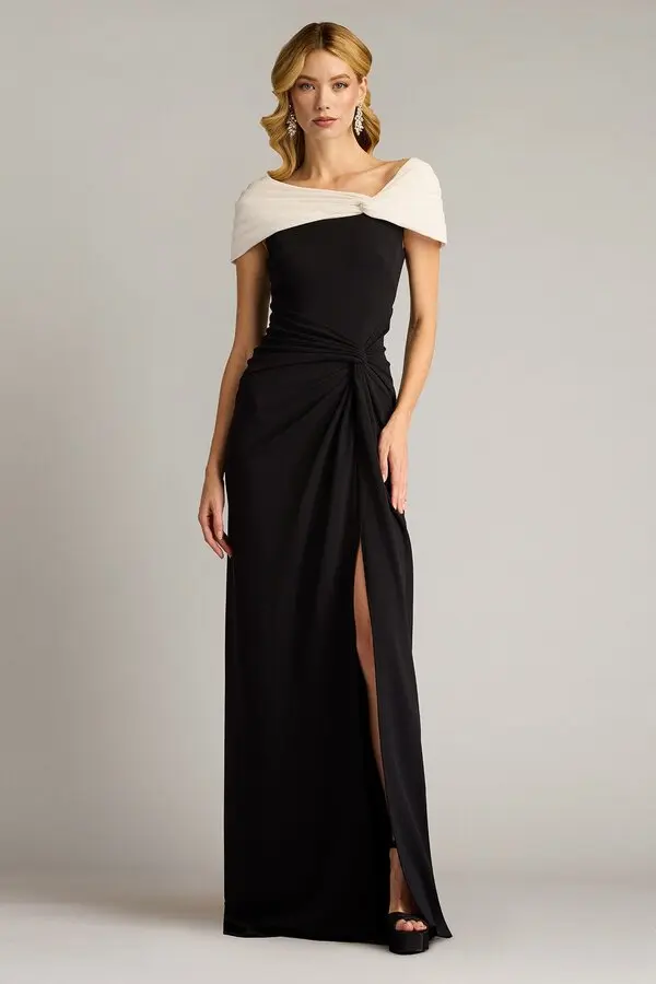 Tadashi Shoji Perkins Asymmetric Draped Gown - Black/ivory