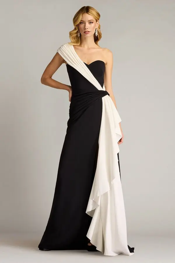 Tadashi Shoji Lune Waterfall Sash Gown - Black/ivory