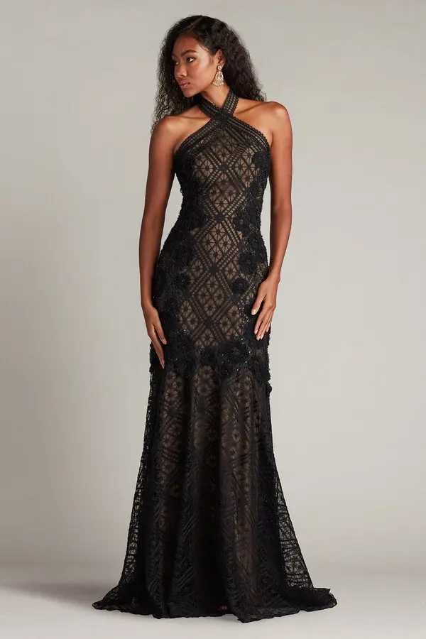 Tadashi Shoji Lakota Embroidered Halter Gown - Black/nude