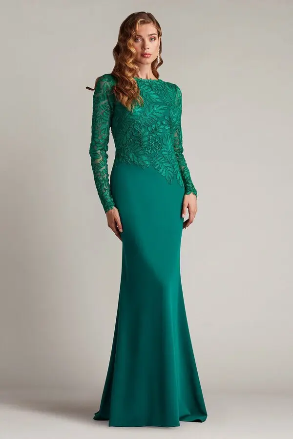 Tadashi Shoji Caliste Embroidered Crepe Gown - Emerald