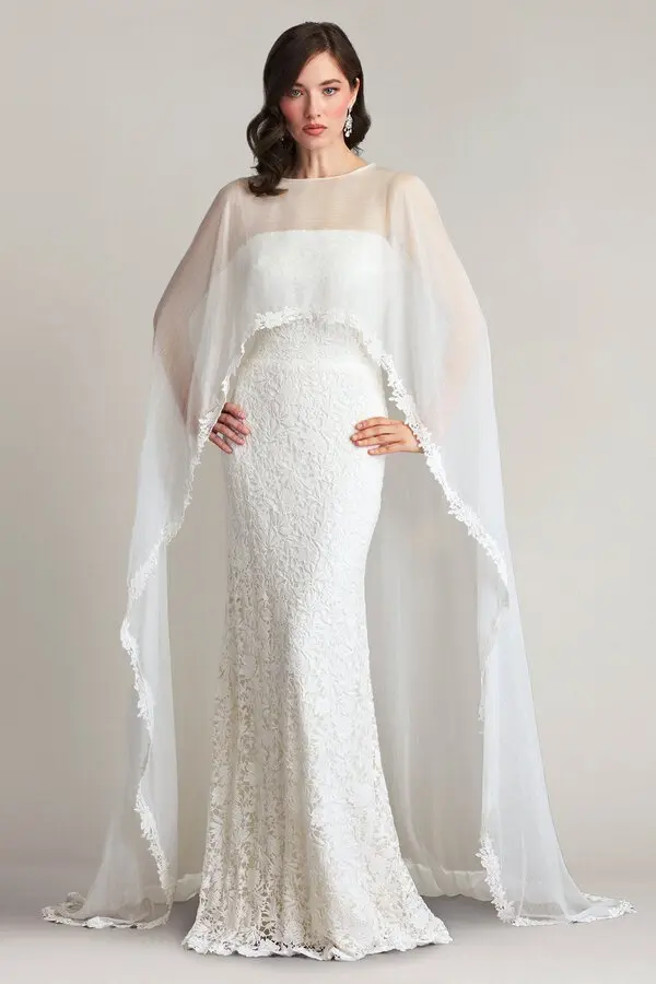 Tadashi Shoji Embroidered Tulle Trumpet Gown With Silk Chiffon Overlay - Ivory