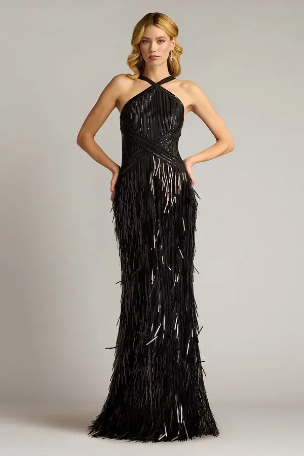 Tadashi Shoji Ares Sequin Fringe Halter Gown - Black