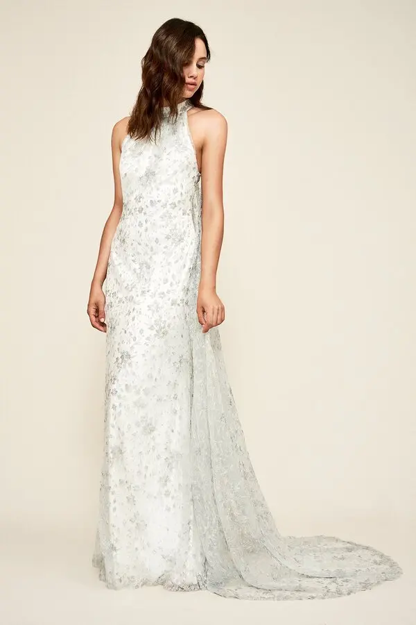 Tadashi Shoji Soho Lace Cape Gown - Ivory/silver