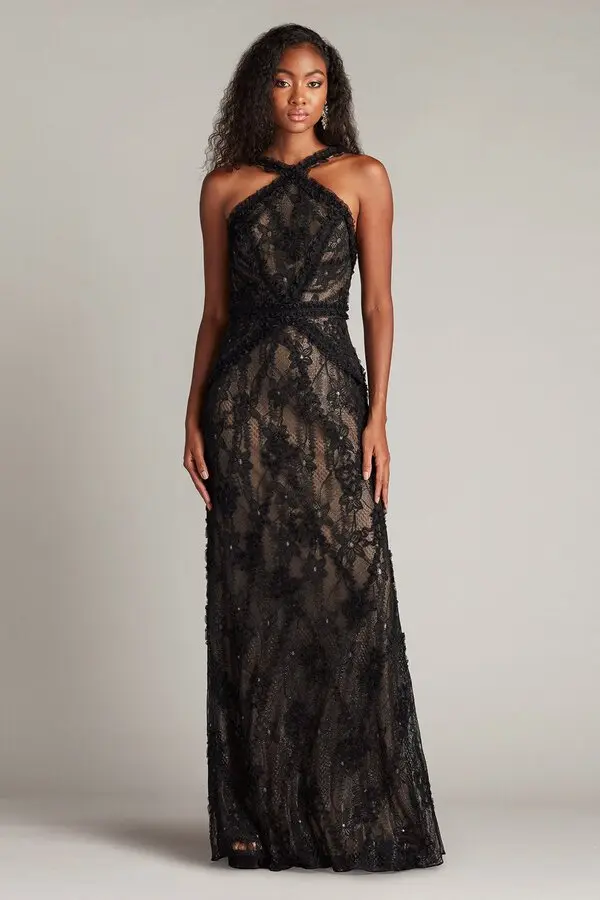 Tadashi Shoji Kaiti Embroidered Halter Gown - Black/nude