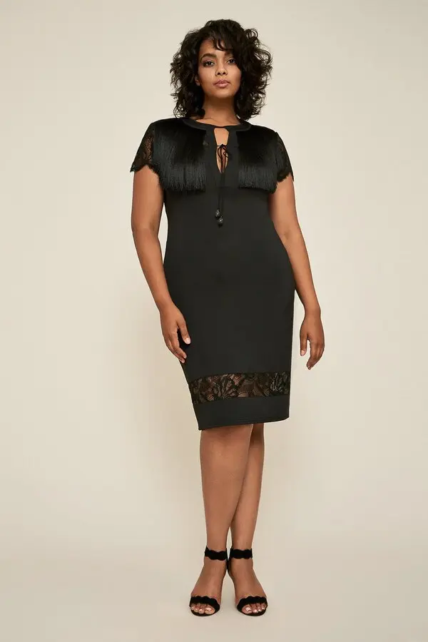 Tadashi Shoji Corisande Short Sleeve Fringe Dress - Black