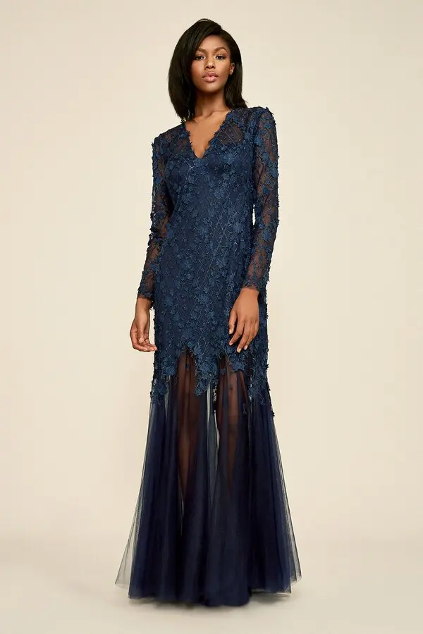 Tadashi Shoji Embroidered Tulle Gown With 3d Floral Appliqu - Midnight