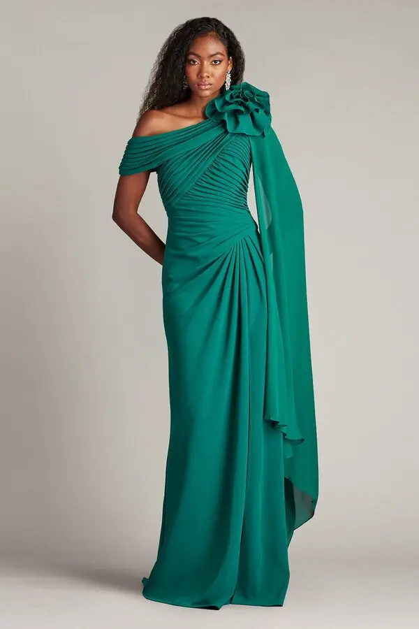 Tadashi Shoji Kamari Draped Rosette Shoulder Gown - Emerald