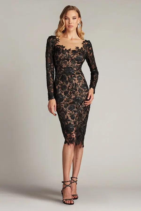 Tadashi Shoji Sequined Embroidered Illusion Sheath Dress - Black/nude
