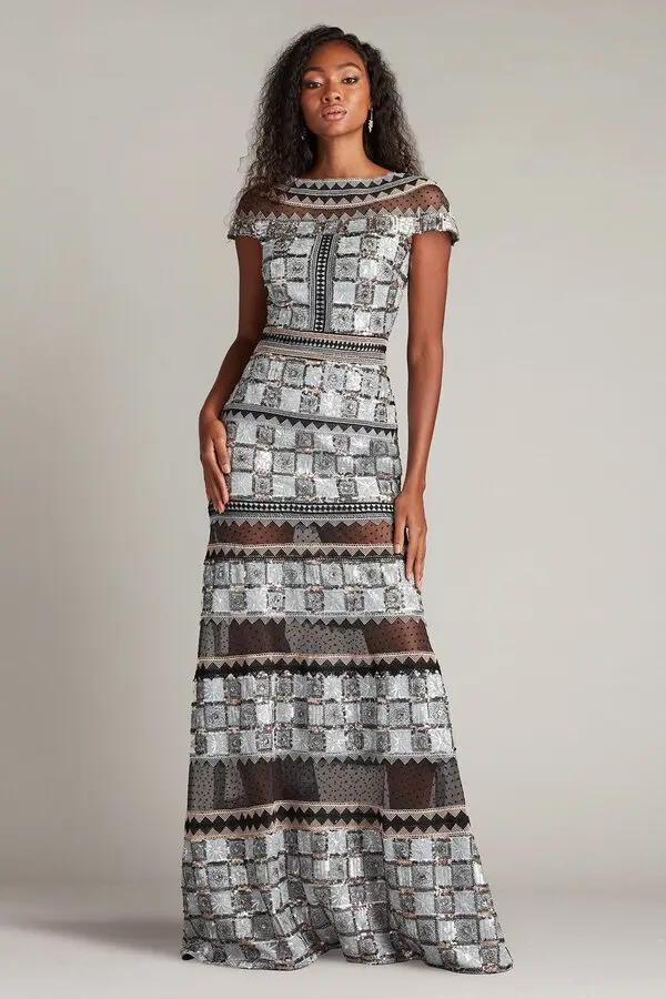 Tadashi Shoji Jovie Sequin Embroidered Illusion Gown - Silver/multi