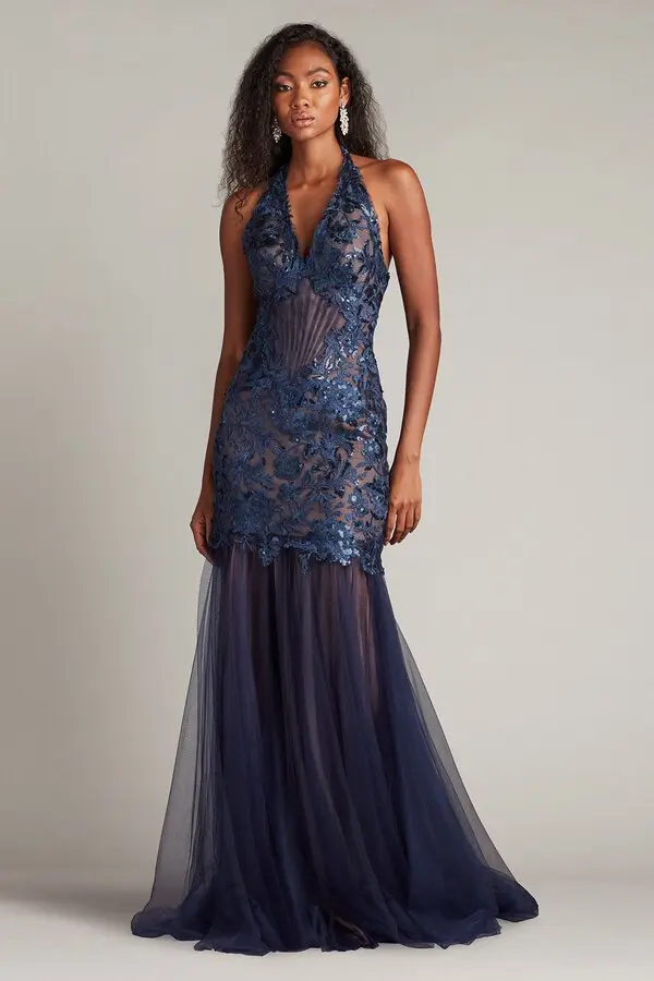 Tadashi Shoji Evaine Sequin Embroidered Tulle Gown - Midnight
