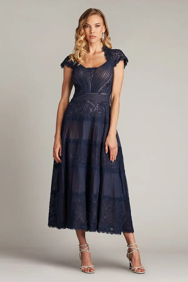 Tadashi Shoji Boette Lace Tea-length Dress - Navy/nude