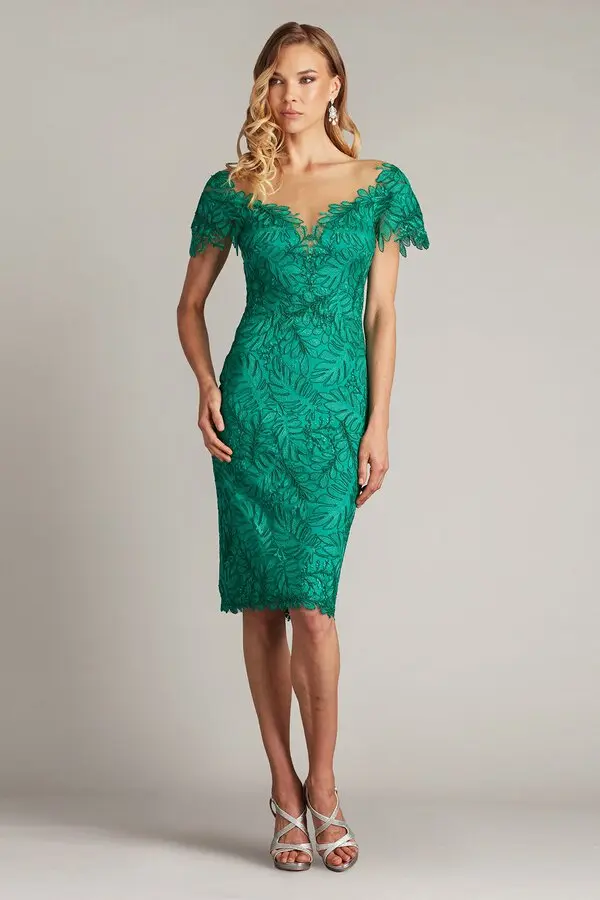 Tadashi Shoji Embroidered Lace Sheath Dress - Emerald