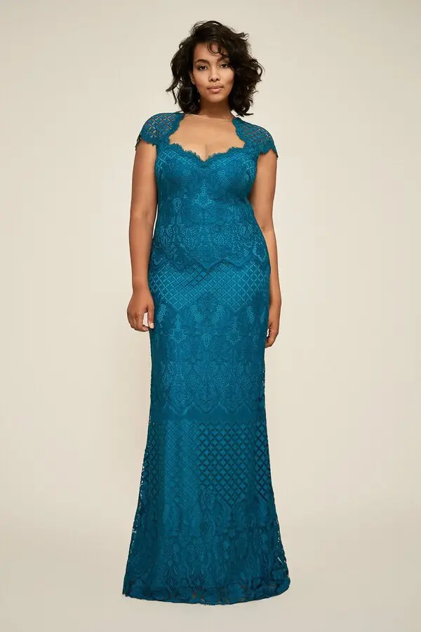 Tadashi Shoji Cosette Lace Gown Plus Size - Cerulean