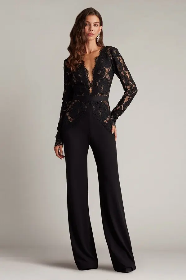 Tadashi Shoji Amaris Plunging Illusion Lace Jumpsuit - Black/nude