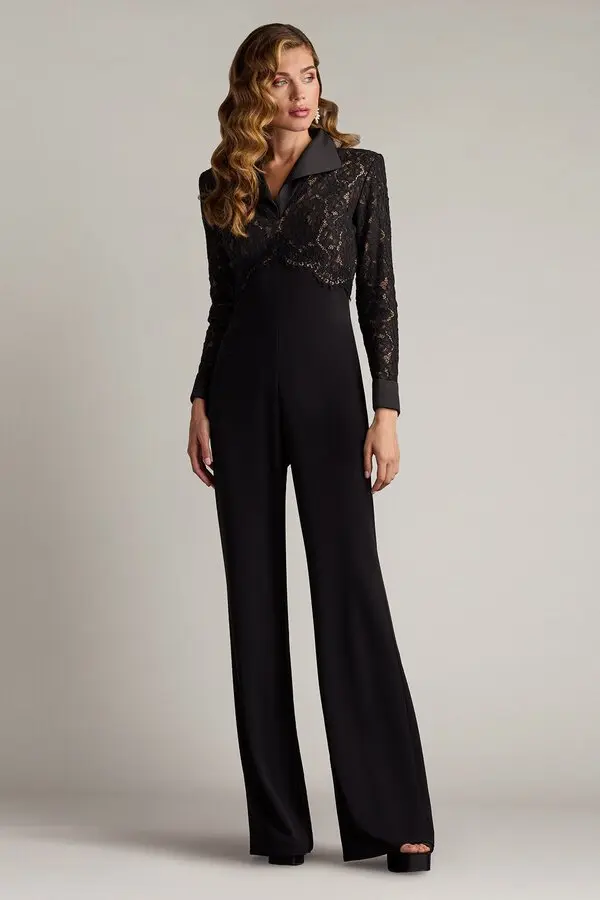 Tadashi Shoji Lace Collared Jumpsuit - Black/nude