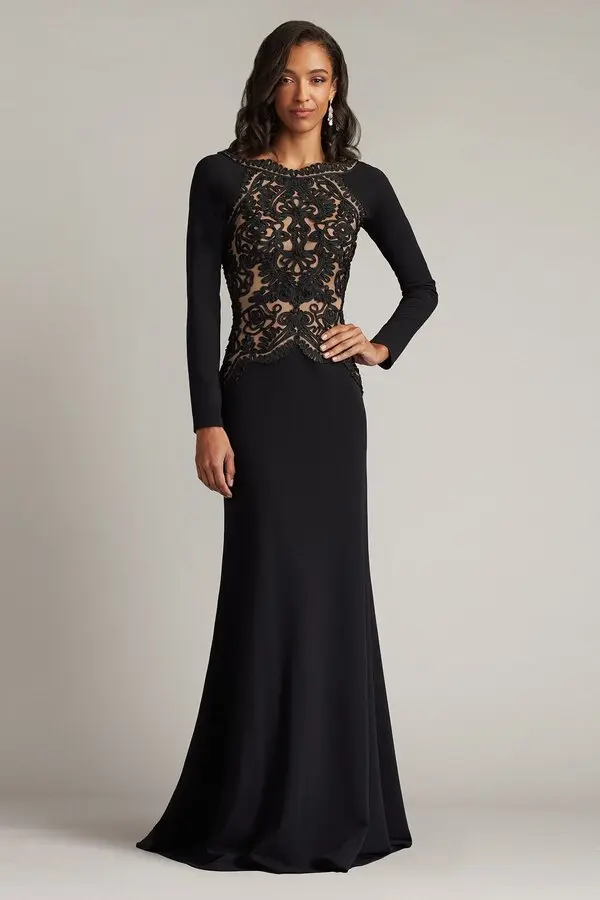 Tadashi Shoji Nayana Embroidered Crepe Gown - Black/nude