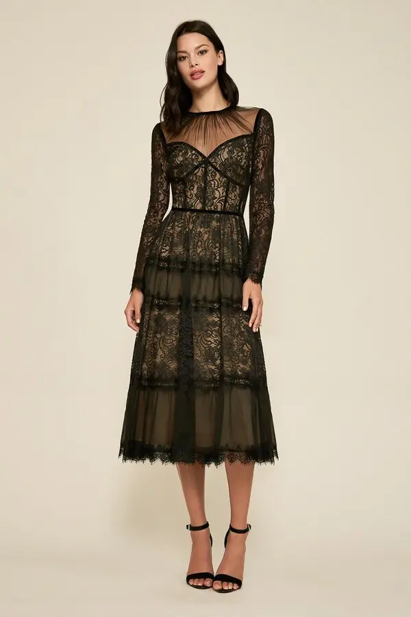 Tadashi Shoji Tatiana Lace Tea-length Dress - Black/nude