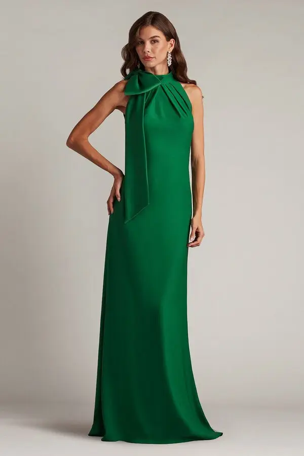 Tadashi Shoji Sims Shoulder Bow Halter Gown - Bamboo