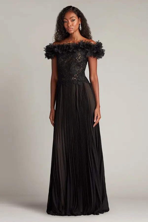 Tadashi Shoji Margaux Off-shoulder Floral Ruffle Trim Gown - Black/nude