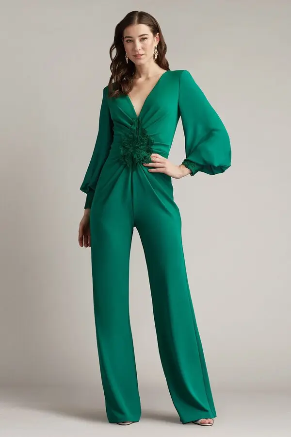 Tadashi Shoji Sahana Bishop Sleeve Plunge Jumpsuit - Emerald