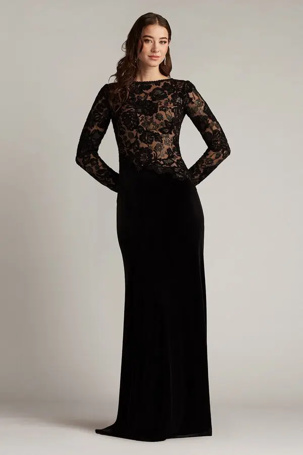 Tadashi Shoji Forena Embroidered Crepe Gown - Black/nude