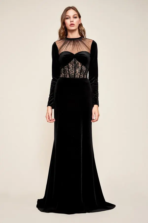 Tadashi Shoji Marcella Long-sleeve Velvet Gown - Black/nude