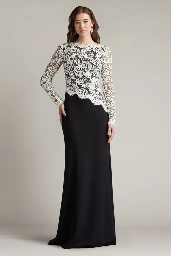 Tadashi Shoji Randall Embroidered Crepe Gown - Black/ivory