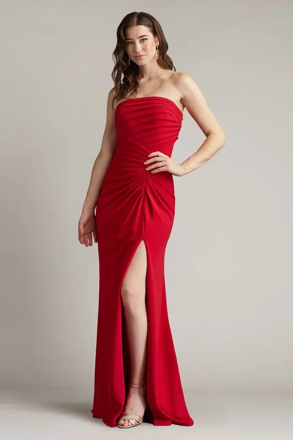 Tadashi Shoji Dorsett Pleated Crepe Gown - Cherry