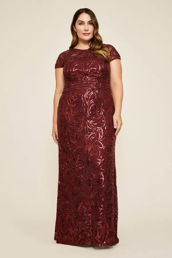 Tadashi Shoji Fabia Cap-sleeve Sequin Gown - Marsala