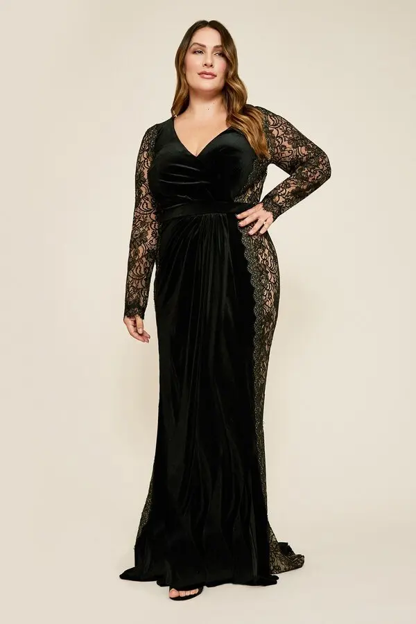 Tadashi Shoji Long-sleeve Velvet Gown With Lace Panels - Black/nude
